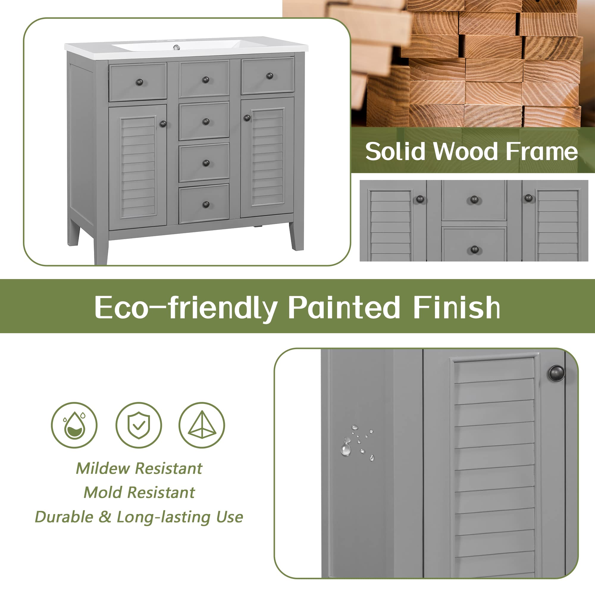 36" Bathroom Vanity Without Sink, Bathroom Vanity Base with Two Cabinets and Five Drawers, Modern Freestanding Bathroom Storage Cabinet with Solid Wood Frame and Soft Closing Doors for Bathroom, Grey