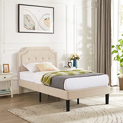 VECELO Premium Upholstered Platform Bed Diamond Stitched Panel Headboard, Metal Frame & 12 Strong Wood Slat Support, Mattress Foundation/Easy Assembly,Twin,Beige