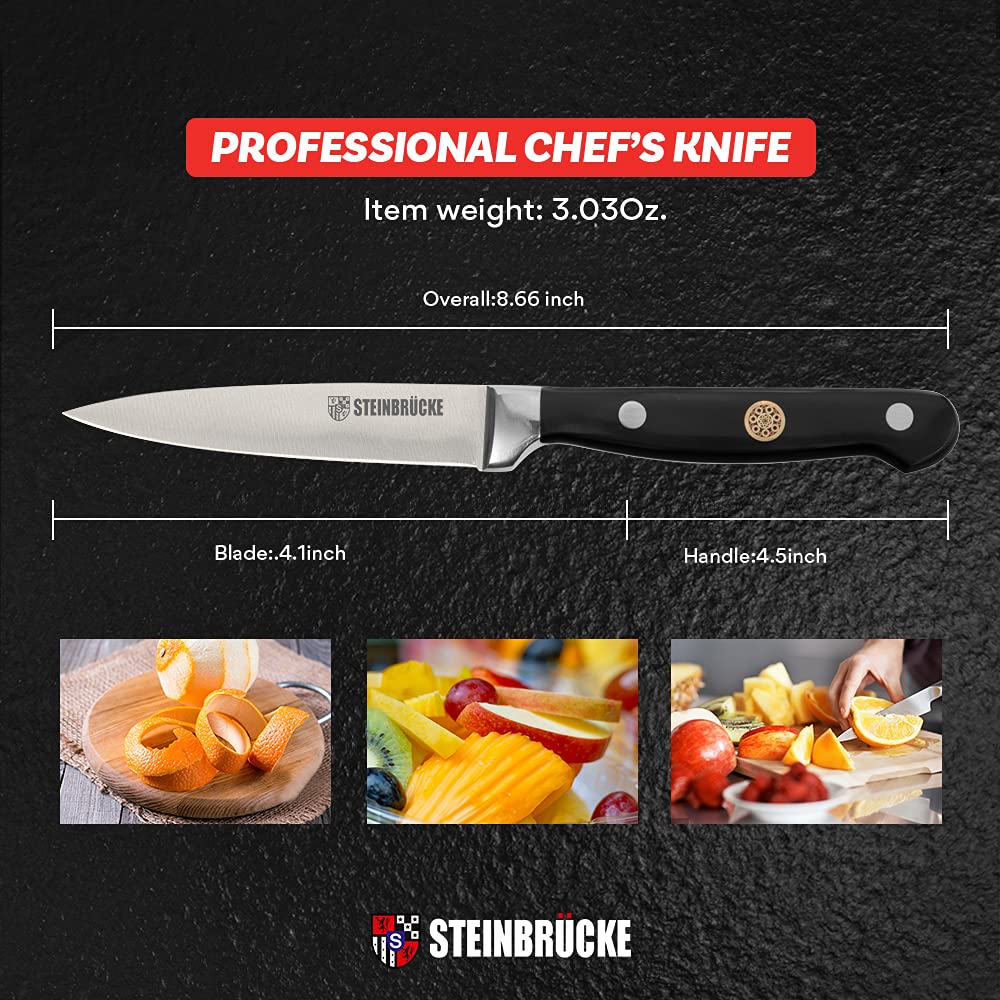 STEINBRÜCKE Paring Knife 4 inch, Small Kitchen Knife Forged from German 5Cr15Mov(HRC58) Stainless Steel, Full Tang Sharp Paring Knife with Ergonomic Handle for Cutting, Peeling and Slicing