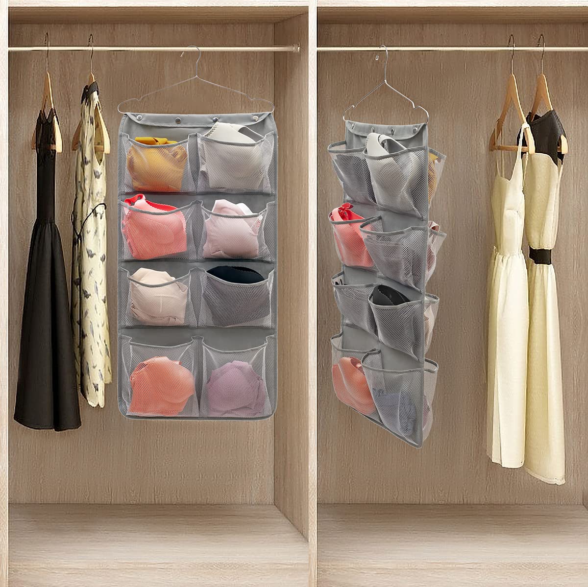 ANZORG Dual-Sided Hanging Closet Organizer Bra Underwear Socks Stocking Clothes Storage Bag with 16 Large Pockets (MESH POCKETS)