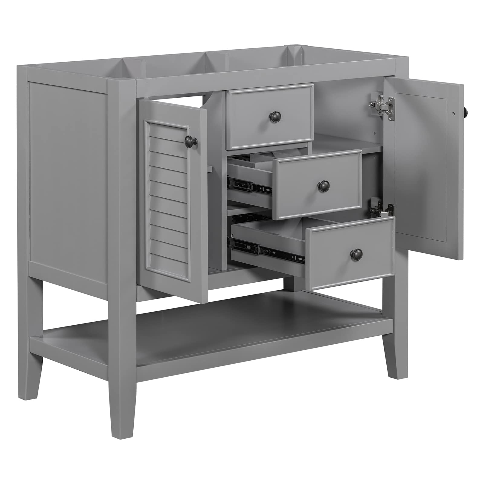 36" Modern Bathroom Vanity Base Only, Bathroom Vanity Without Sink Freestanding Bath for Compact Spaceroom Vanity Cabinet with Two Cabinets and Drawers, Open Shelf, Solid Wood Frame, Gray