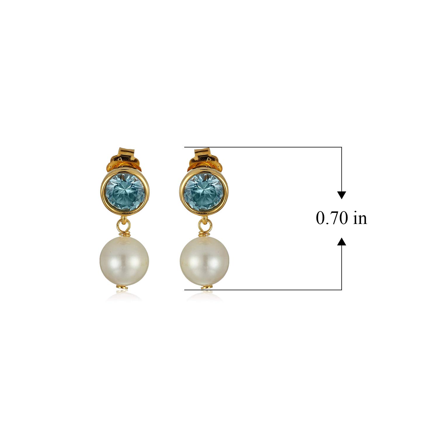 18k Gold Plated Sterling Silver Created Aquamarine and Freshwater Cultured Pearl Drop Stud Birthstone Earrings