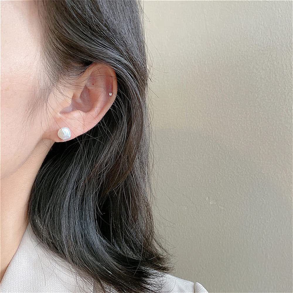 1Pairs Sterling Silver 8mm Baroque Pearl Stud Earrings White Round Freshwater Pearl Ear Studs Hypoallergenic for Women