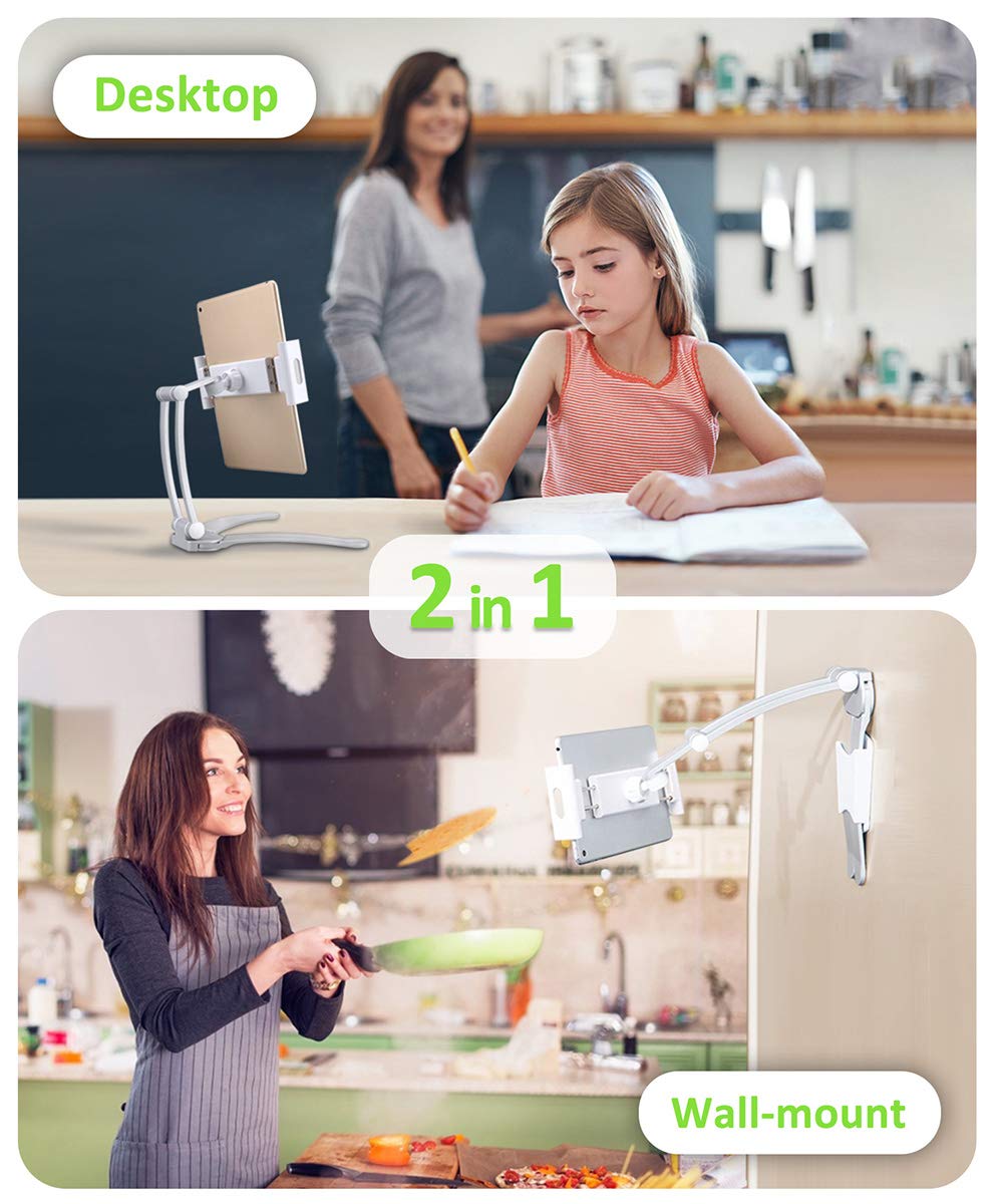 AYADA Kitchen Cabinet Tablet Holder, 2 in 1 Wall Mount Desktop Stand for ipad 12.9 Aluminum Alloy Metal Adjustable Multiangle Foldable Universal Phone Tablet Bracket Cooking Table Counter Top (Silver)