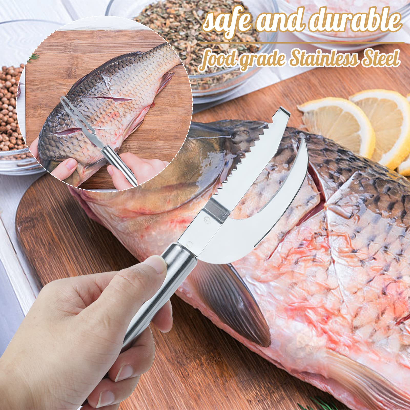 2 PCS 3 in 1 Stainless Steel Fish Maw Knife, Fish Scale Knife Cut Scrape Dig 3 in 1 Toolcaler Remover with Stainless Steel Sawtooth, Open Belly and Dig Out Fish Cleaner Tool Kitchen Accessory