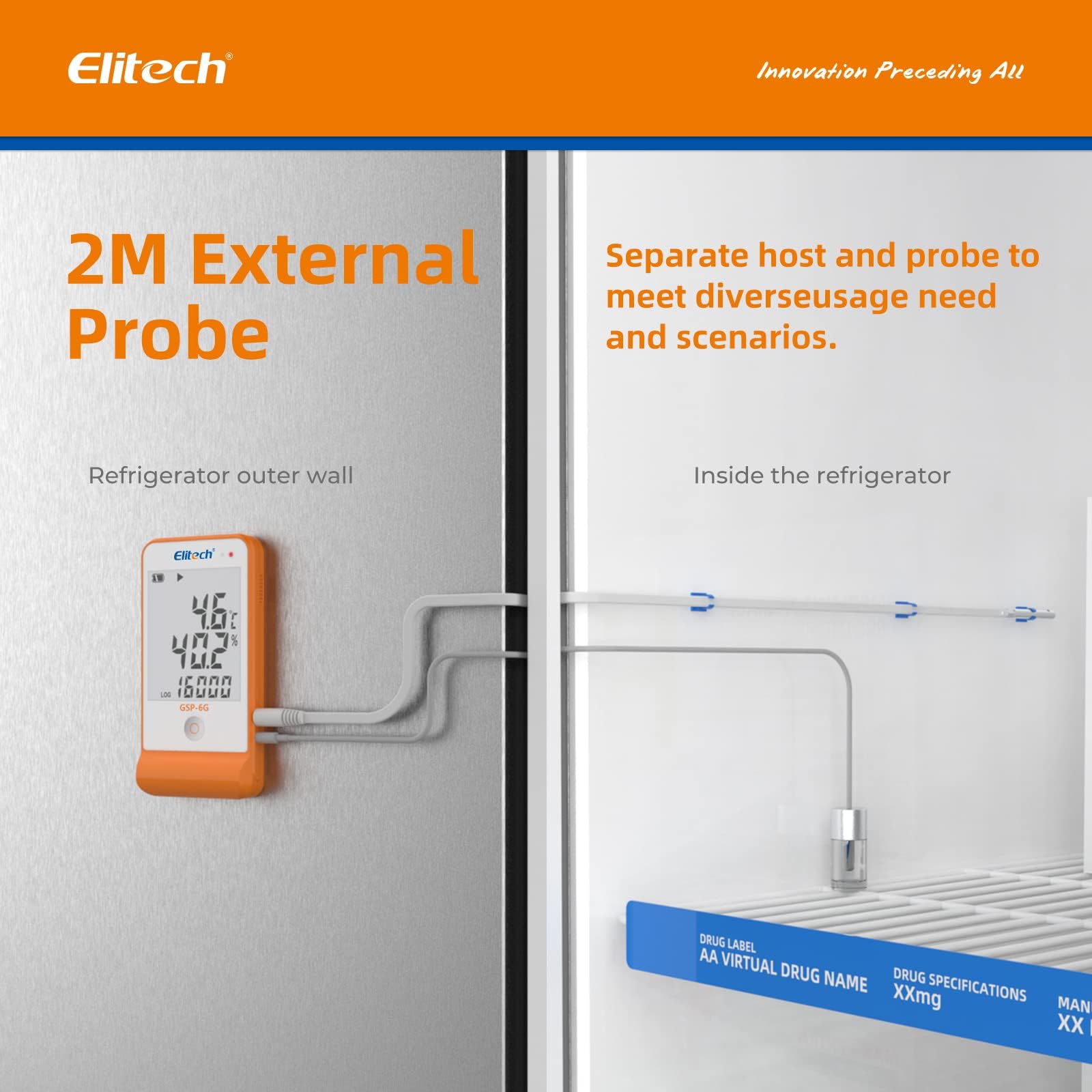 Elitech Digital Temperature Humidity Data Logger Medical Refrigerator Thermometer Vaccine Fridge Temperature Monitor Max Min Value GSP-6G