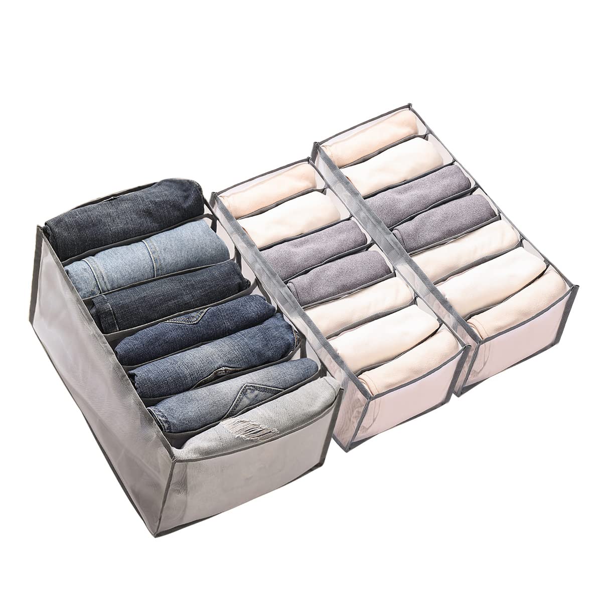 Aposemo Clothes Organizer Drawers Wardrobe Compartment Separation Underwear Portable 7 Grids Storage Box Mesh Washable (2 Pcs Grey Small+Grey Large)