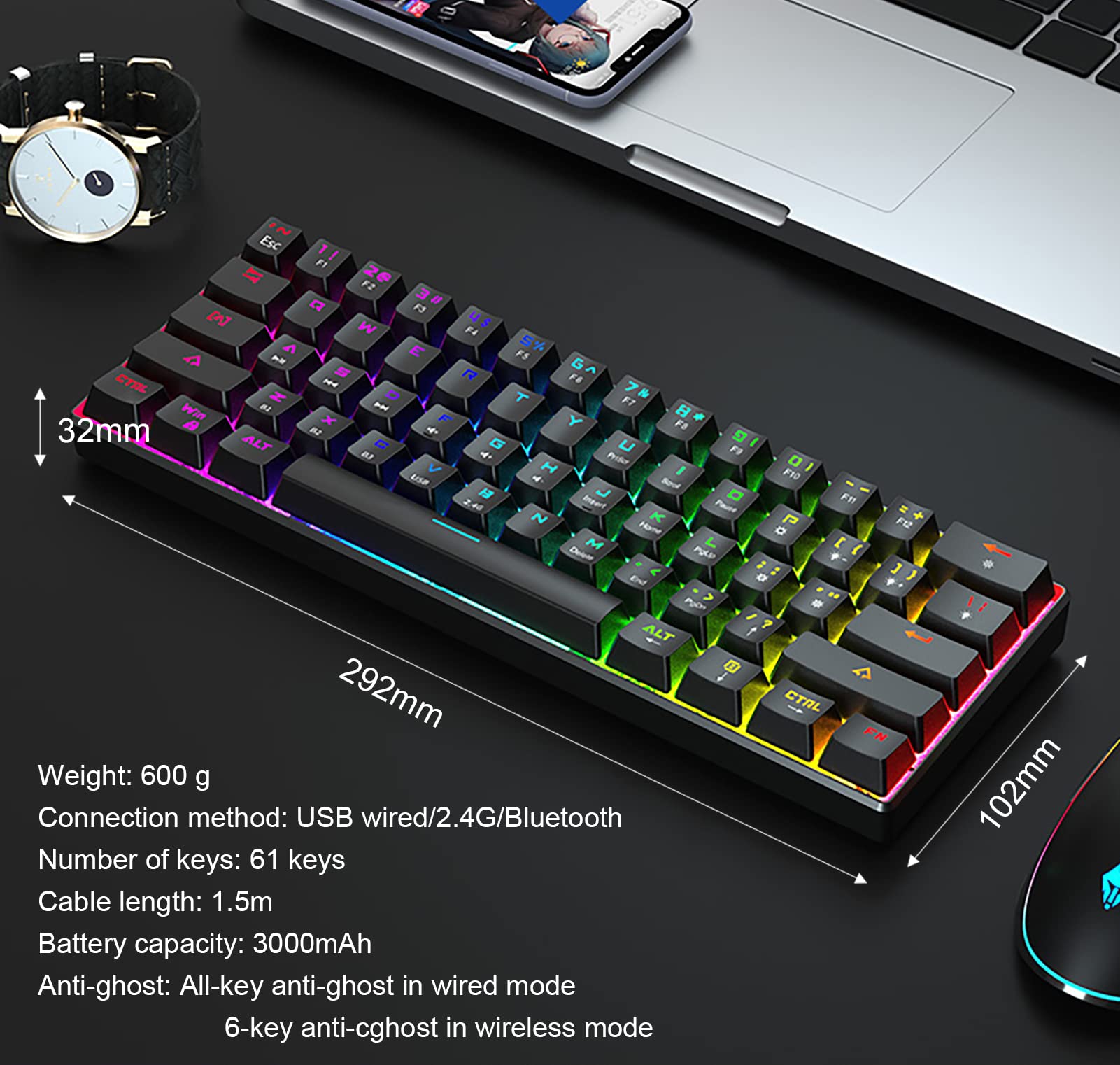 Ajazz G1000 USB Wired/2.4G/Bluetooth 3-Modes Wireless Mechanical Keyboard, Compact 61 Keys, Adjustable RGB Backlight, iOS/Android/Mac/Windows Compatible (Black, Blue Switch)