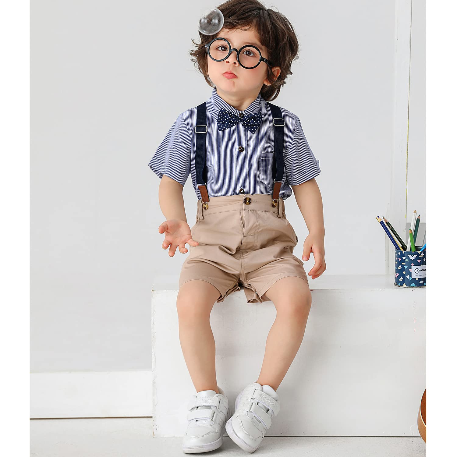 Baby Boys Gentleman Outfits Suits, Infant Blue Shirt+Bib Shorts+Tie+Suspenders Clothing Set,3-6M