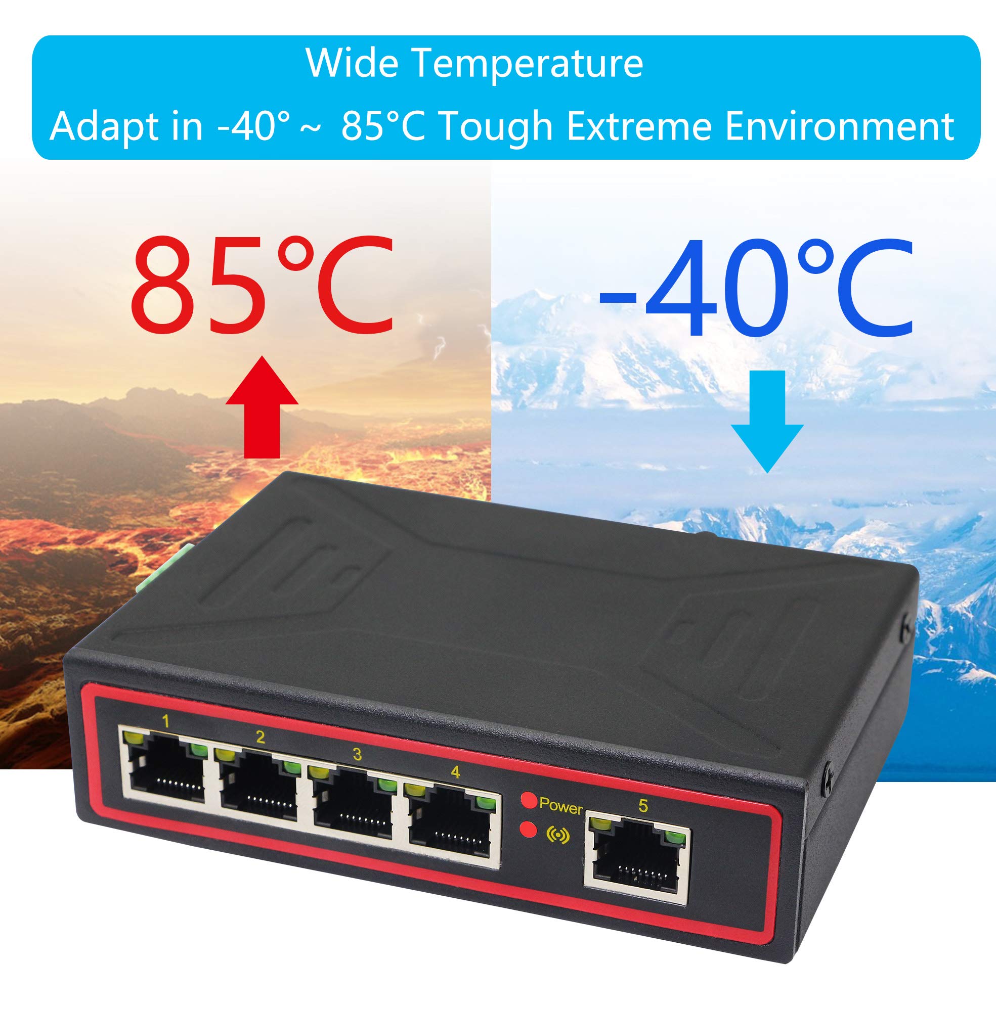 CERRXIAN Industrial 5 Port Ethernet Switch DIN-Rail, 10/100M Network Switch Support IEEE802.3 - Transmission Distance 820.2ft