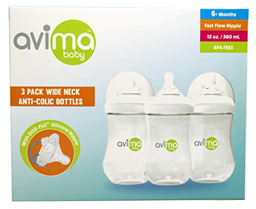 Avima 12 oz Anti Colic Infant Bottles, BPA Free, Wide Neck with Fast Flow Nipples (Set of 3)