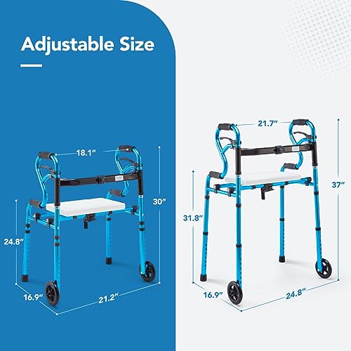 4 in 1 Folding Walker with Detachable Seat by Health Line Massage Products, Width Adjustable Folding Walkers with 5β Wheels and Extra 2 Skis, Compact Adults Walker for Seniors Support Up to 350lbs