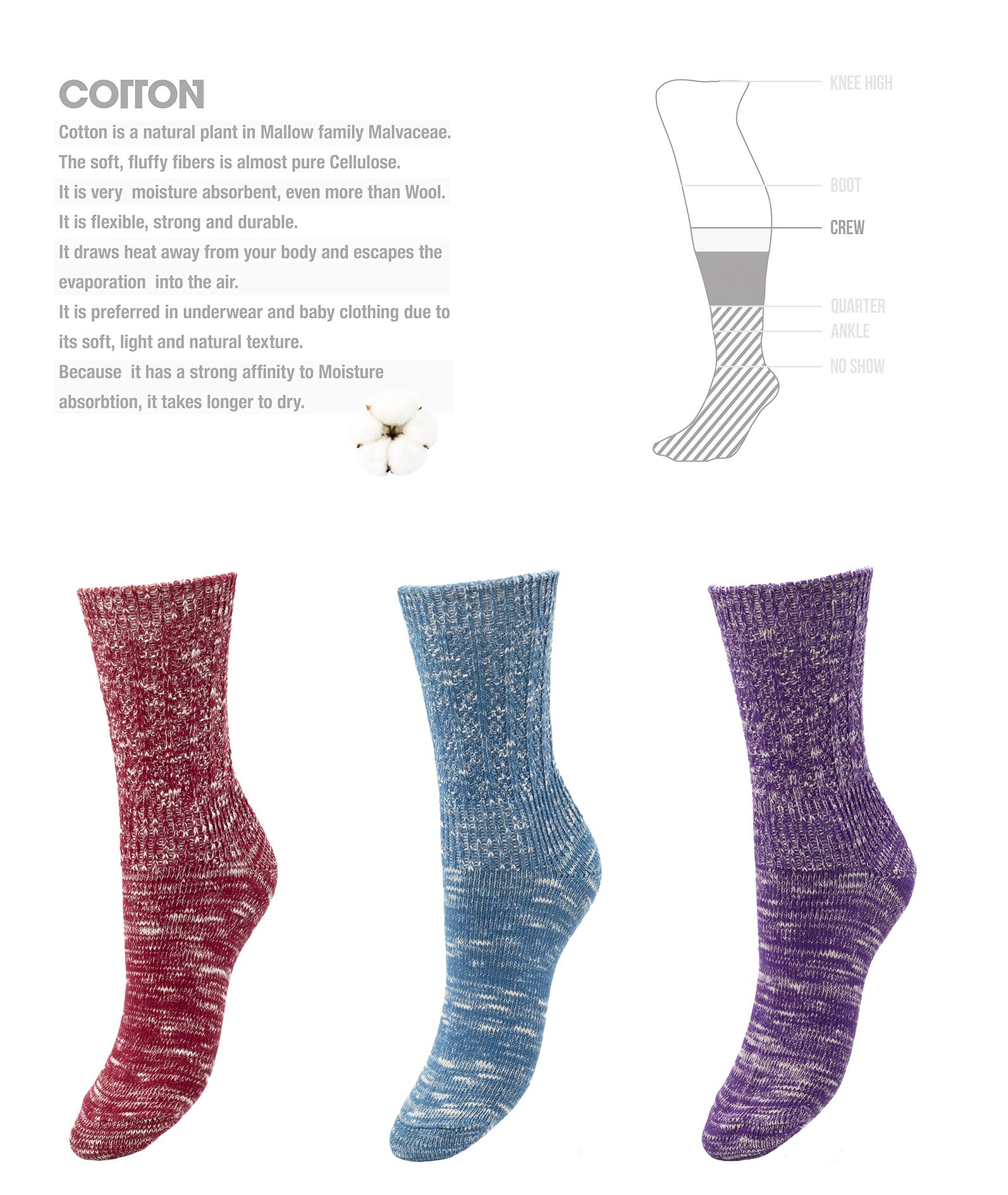 1SOCK2SOCK - Women's Warm Fuzzy Thermal Turkish Cotton Crew Socks - Cold Weather & Hiking (Red-Blue-Purple, Medium)