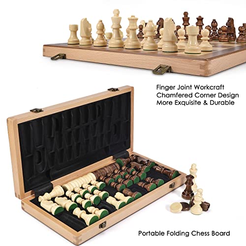 AMEROUS 15 Inches Wooden Chess & Checkers Set with Upgraded Weighted Chess Pieces - 2 Extra Queen -24 Cherkers Pieces -Instruction -Chessmen Storage Slots, Classic 2 in 1 Board Games