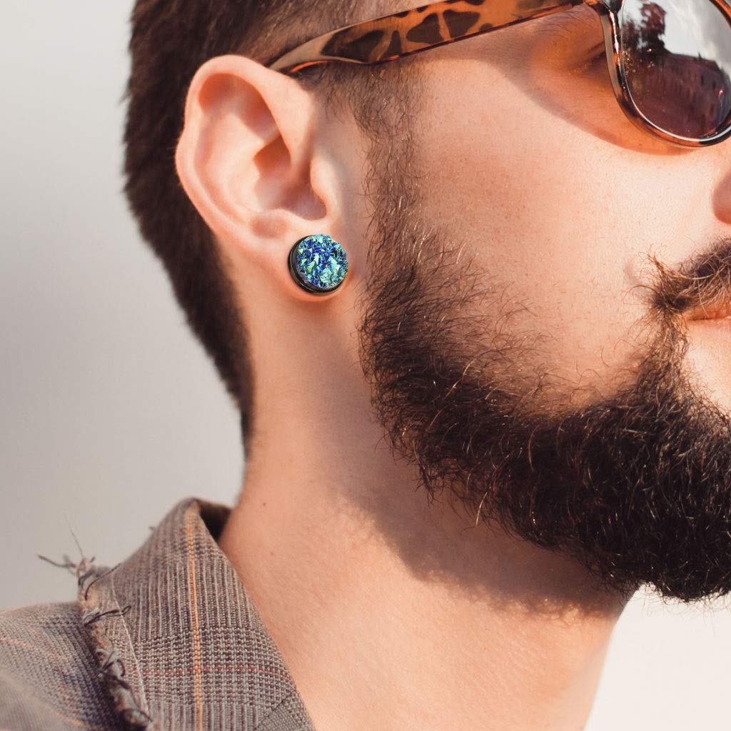 2 Pair Faux Druzy Stone Steel Ear Plugs Screw Fit Tunnels (2 Gauge (6mm))