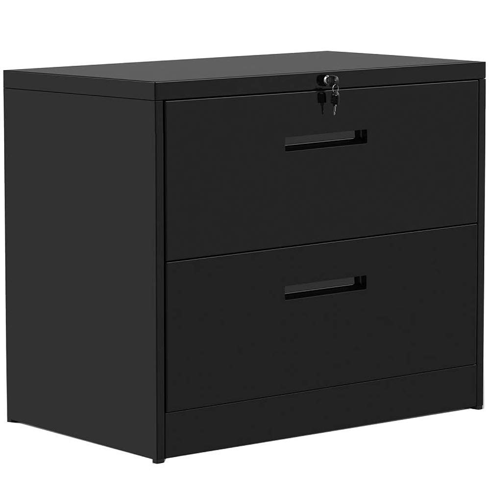 2 Drawer Lateral Filing Cabinet for Home and Office, Hanging File White and Black Lateral File Cabinet