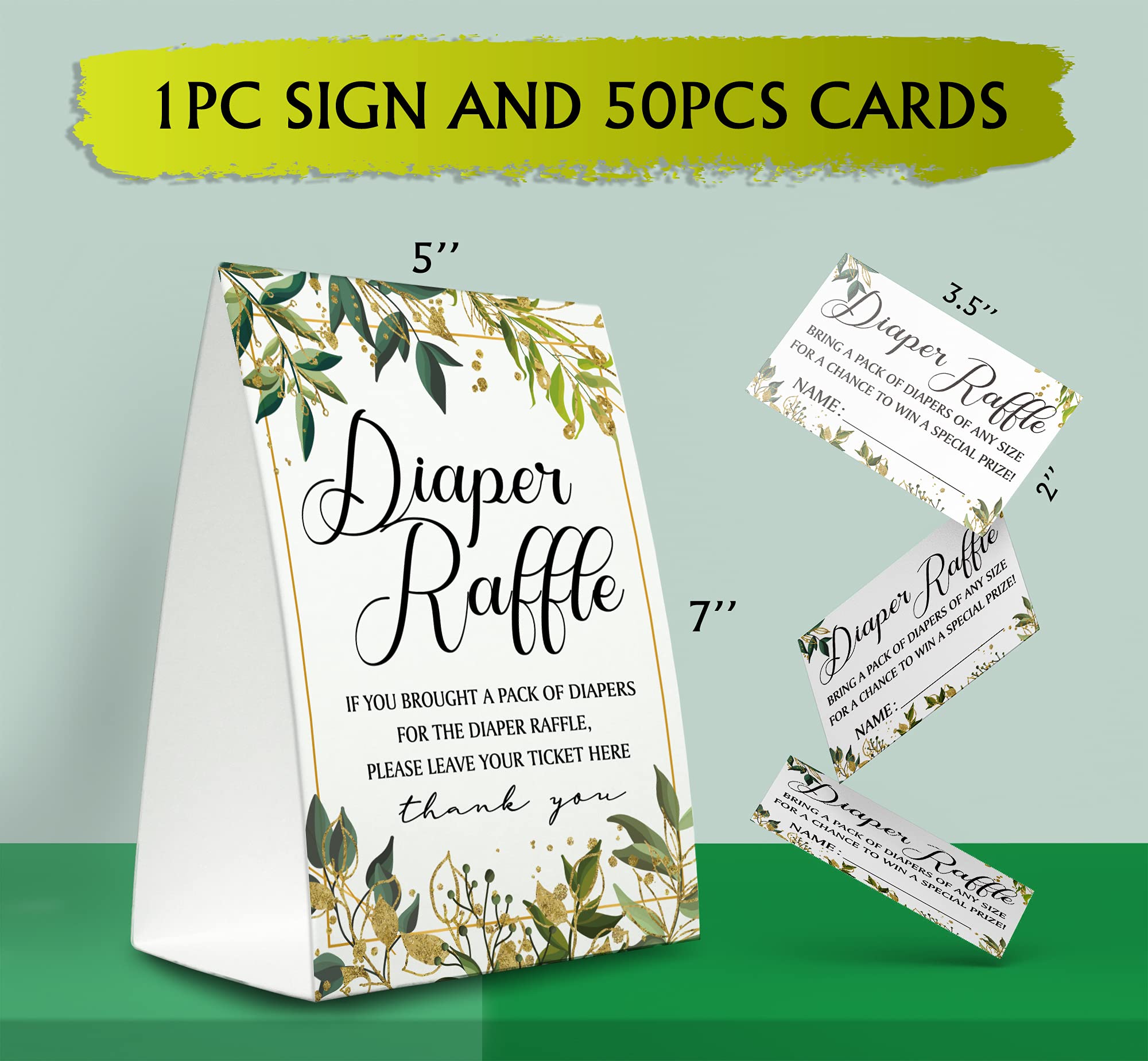 Tesedupoole Diaper Raffle Sign,Diaper Raffle Baby Shower Game Kit (1 Standing Sign + 50 Guessing Cards),Greenery Raffle Insert Ticket,Baby Showers Decorations-N01