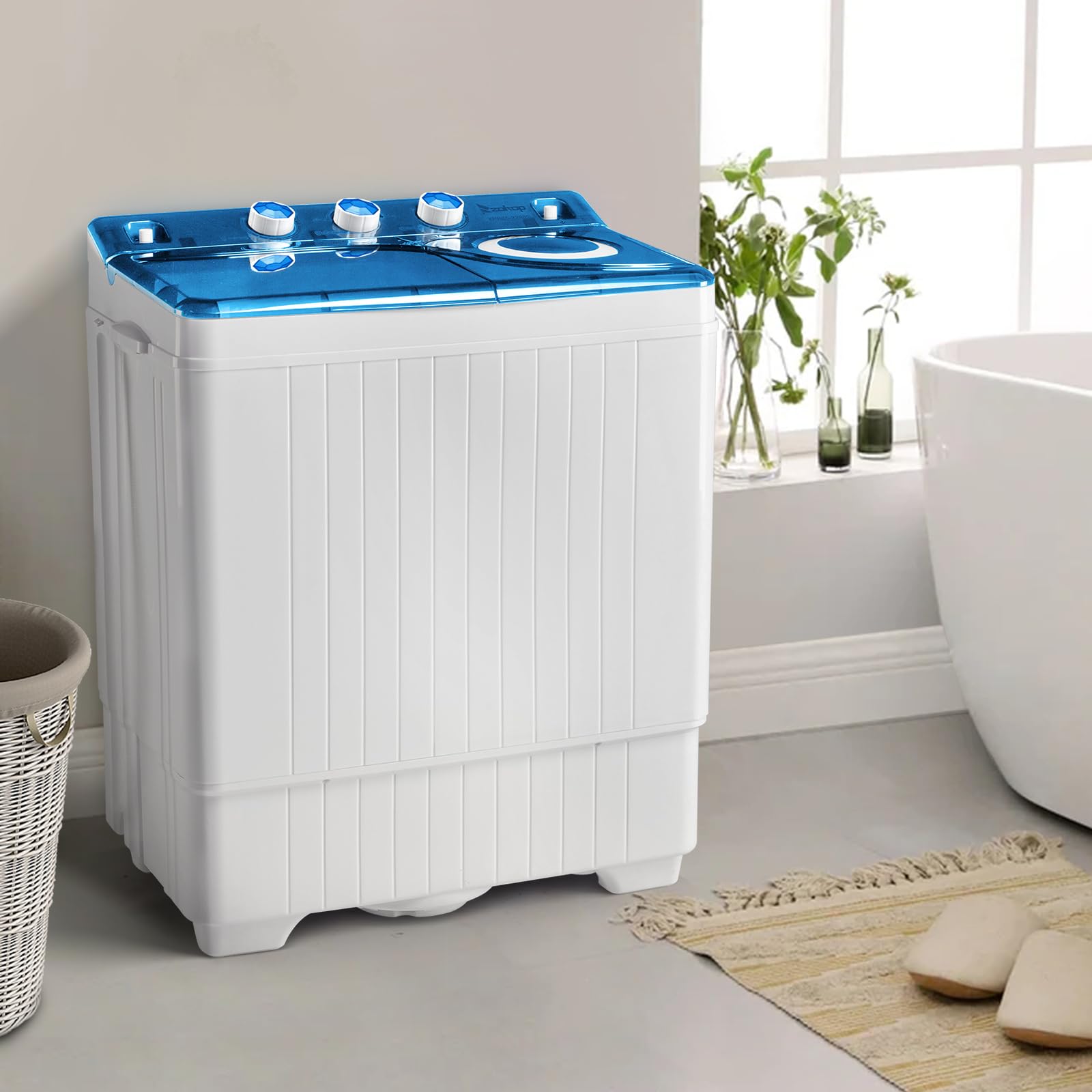 26Lbs Portable Washing Machine and Dryer, Twin Tub Portable Washer Dryer Combo with Drain Pump, Semi-Automatic 18Lbs Washer Mini Laundry Machine with 8Lbs Spinner for Dorms, Apartments, RVs, Blue