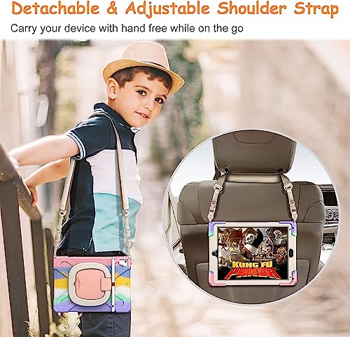 KENOBEE Case for iPad 9.7 6th/5th 2018/2017 / Air 2 / Pro 9.7, 360° Rotating Multi-Functional Handle-Kickstand Shockproof Cover Built-in Screen Protector & Shoulder Strap, Rainbow Pink