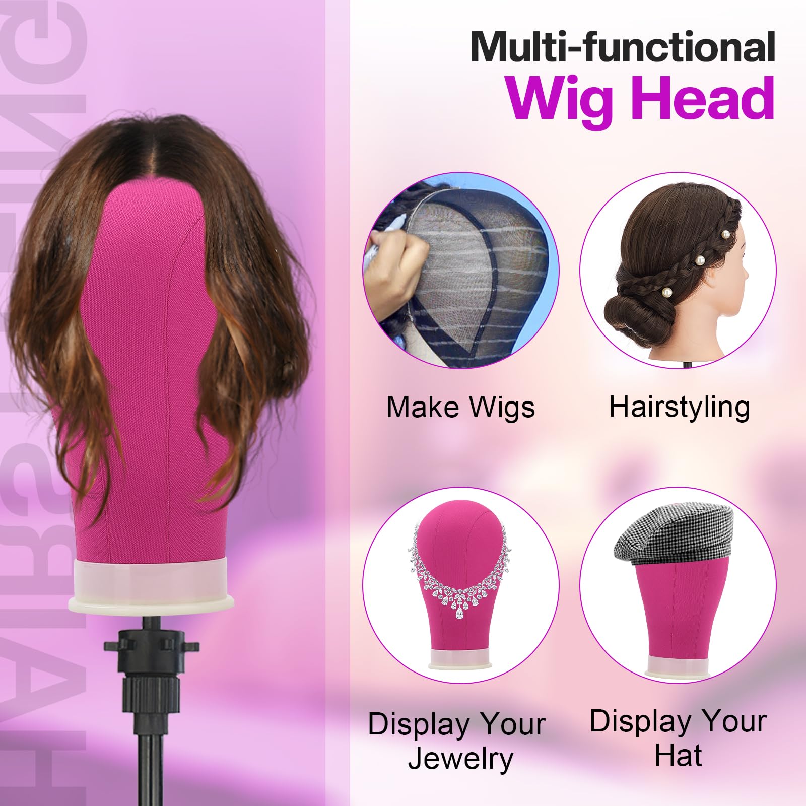 Neverland Beauty & Health Wig stand with Head,Wig Head Mannequin Head with Wig Stand Tripod,Manikin Canvas Head Set for Wigs Making Display with Wig caps,T Pins Set Bristle Brush(Red)