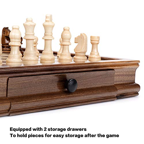 AMEROUS Magnetic Wooden Chess Set, 12.8" x 12.8" Chess Board Game with 2 Built-in Storage Drawers - 2 Bonus Extra Queens - Chess for Beginner, Kids and Adults, Gift Packaging