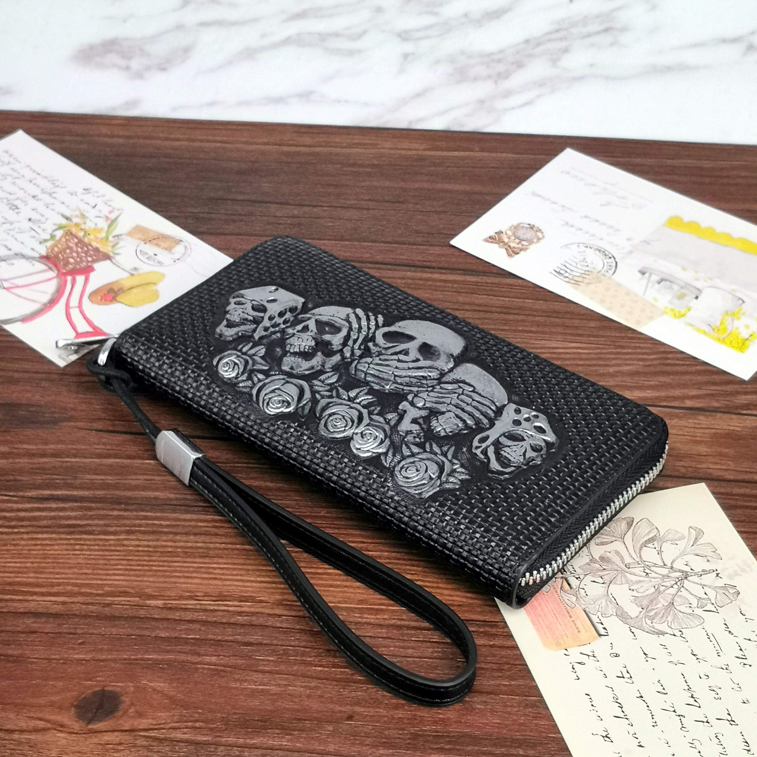 ABC STORY Womens Steam Punk Gothic Genuine Leather Rose Skull Travel Phone Wallet Purse Wristlets Clutch Handbag Black