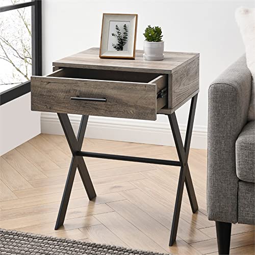 Walker Edison Metal Wood Small Side End Beside Table 1 Drawer X Leg Living Room Accent Table, 18 Inch, Grey Wash