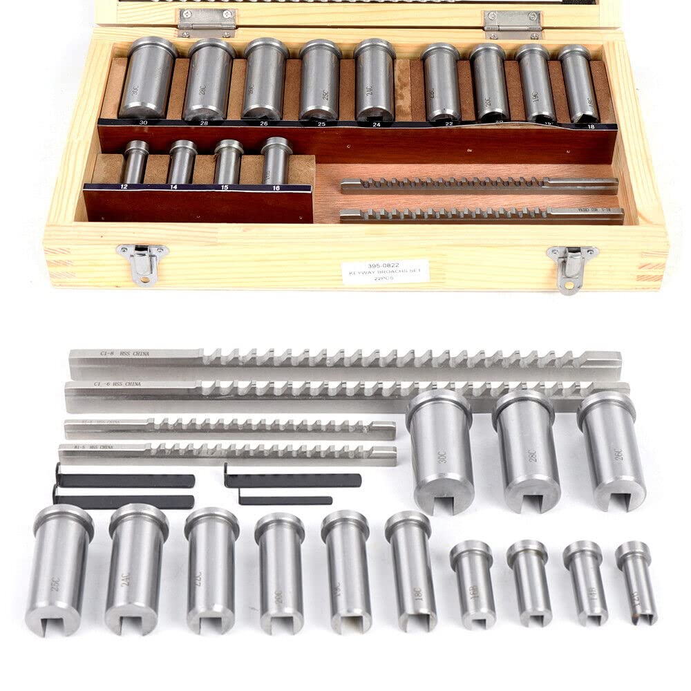 22pcs Keyway Broach Kit, Collared Bushing Shim Sets Metric Size 4 Broaches, 13 Bushings and 5 Gaskets High Speed Steel Keyway Broach Set Metal Processing Tool