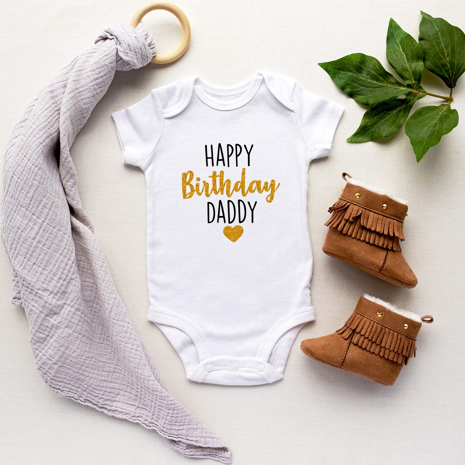 Organic GOTS Certified Baby Onesie Unisex Bodysuit 0-18 months - Happy Birthday | Present Gift (Gold - Happy Birthday Daddy, 0-3 Months)