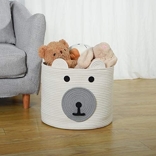 InfiBay Cotton Rope Storage Basket with Cute Bear Design, Woven Laundry Basket with Handles, Baby Nursery Organizer for Toys, Blanket, Clothes, Towels, 12β(D) x 11β(H)