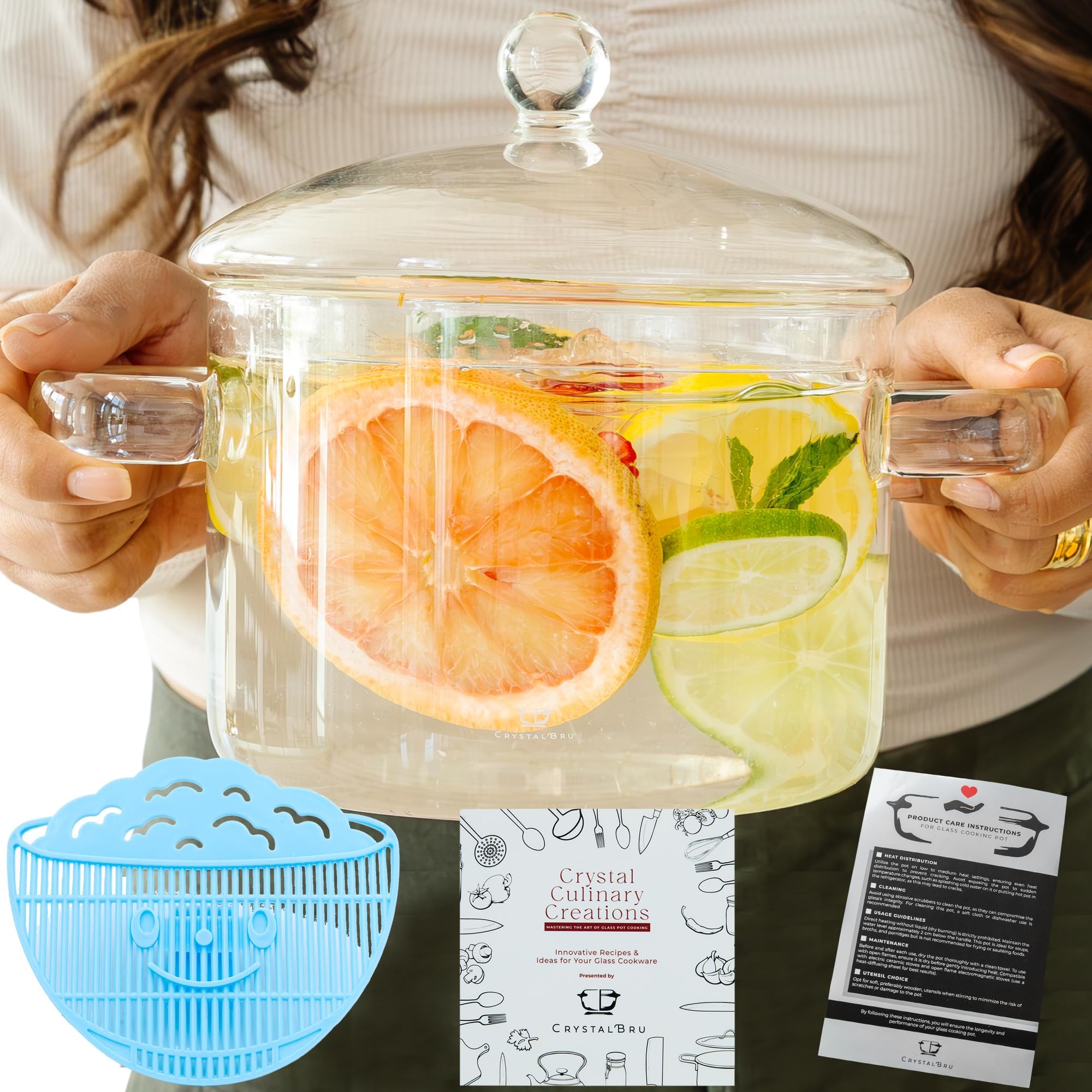 2L Clear Glass Simmer Pot with Lid & Strainer â Heat-Resistant Borosilicate Cooking Pot for Pasta, Soup, Baby Food, Milk â Electric Simmer Pot for Home Fragrance â Anti-Scald Handles