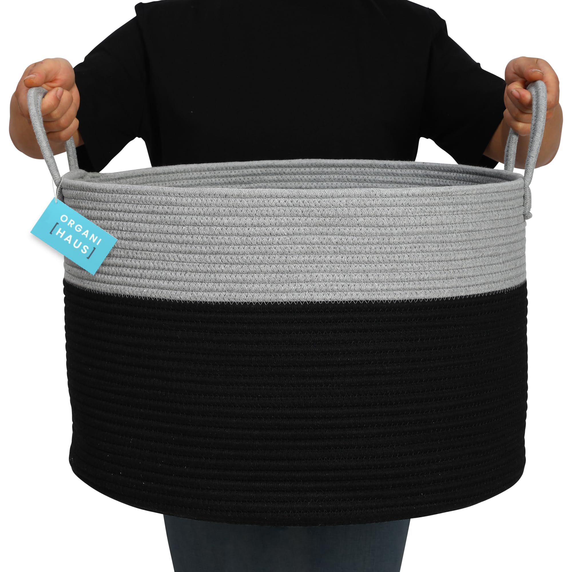 OrganiHaus Gray & Black Throw Blanket Basket for Living Room 20x13, Large Woven Baskets for Storage, Cotton Rope Baskets with Handles, Big Nursery Laundry Basket, Blanket Bin & Pillow Basket