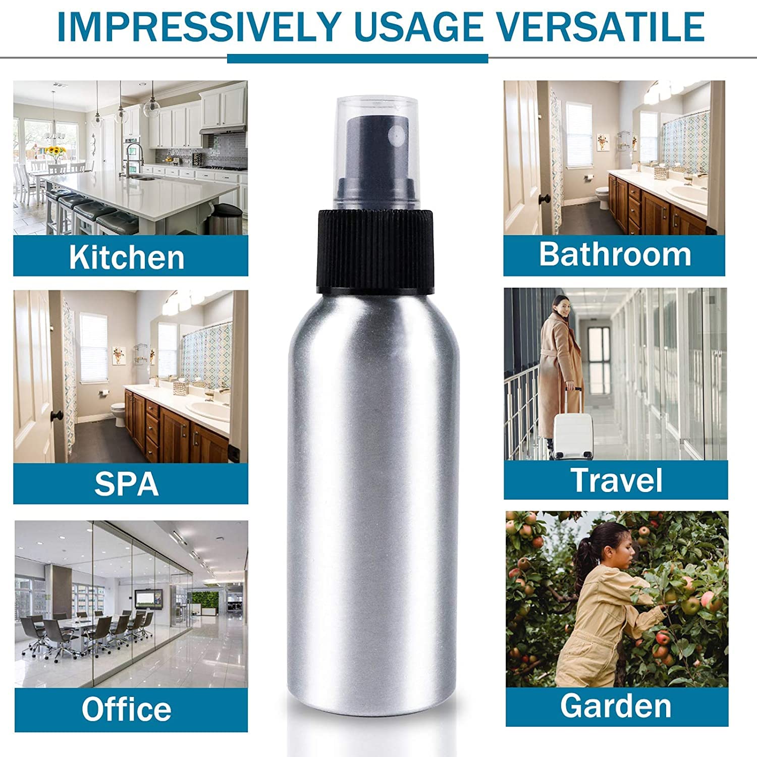 Empty Spray Bottles Travel Size 100ml/3.4oz 5 Pack Small Spray Bottle Aluminum Metal Fine Mist Refillable Atomizer Set with Lids for Liquids Skincare Cosmetic Perfume Storage, with 4pcs Small Funnels