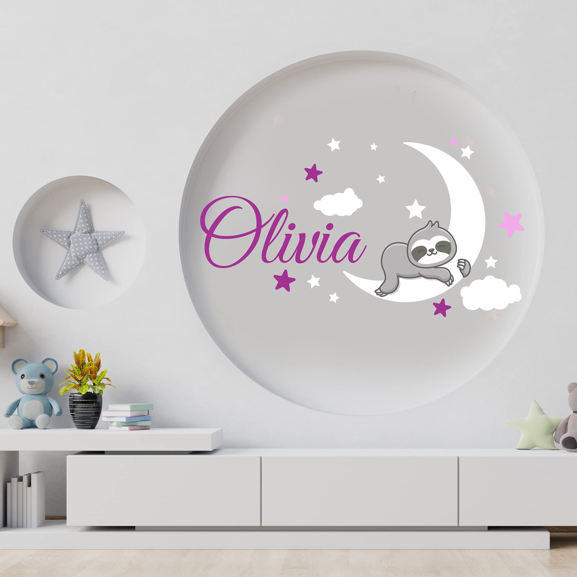 waldo Custom Name Sloth Moon Stars Nursery Wall Decal - WM45. Removable Nursery Wall Decal for Baby Room - Mural Wall Decal for Kids