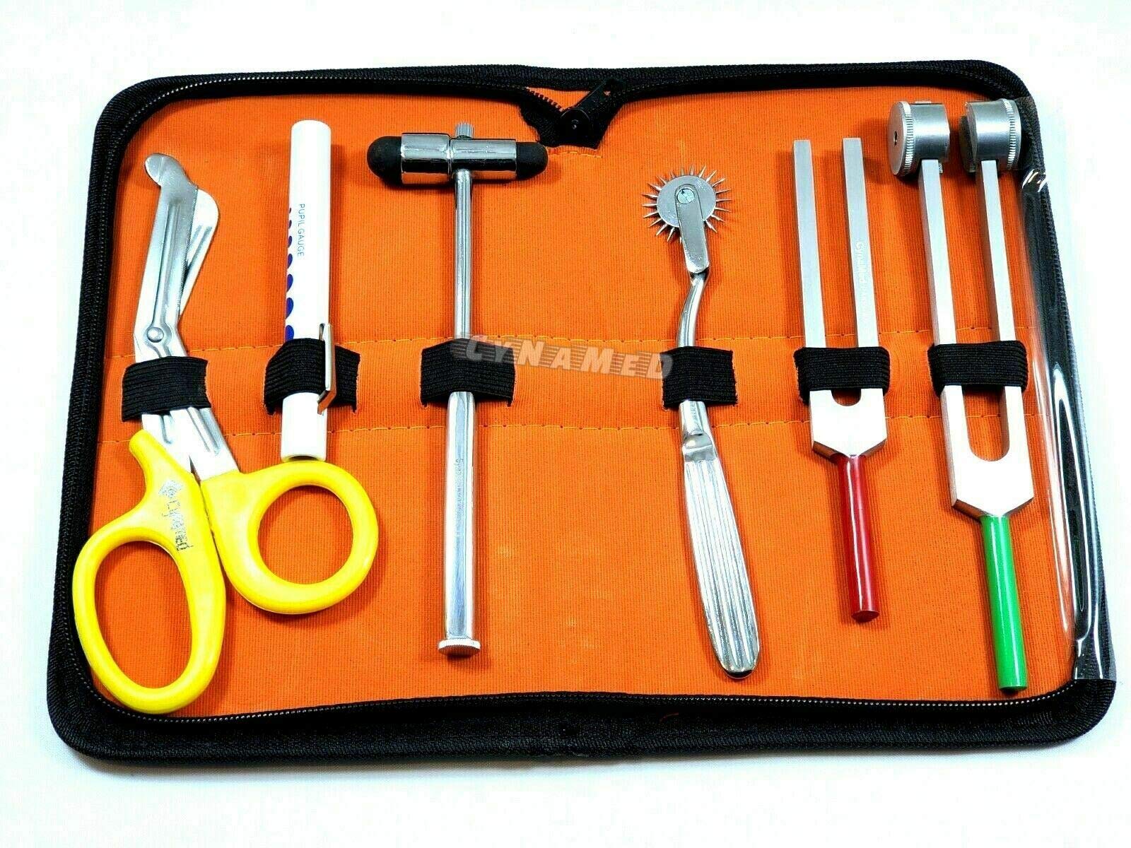 6 Piece Student Diagnostic Kit - Reflex Hammer and Tuning Fork Set C 128 and C 512. Includes Wartenberg Pinwheel, Penlight and Bandage Scissors 7.5”
