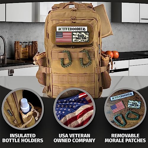 ActiveDoodie Dad Diaper Bag for Men with Camo Changing Pad, USA Dad Squad Patches, Diaper Bag for Dad, Coyote Brown