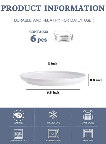 Kanwone Porcelain Dessert Salad Plates - 8 Inch - Set of 6, White, Microwave and Dishwasher Safe Plates