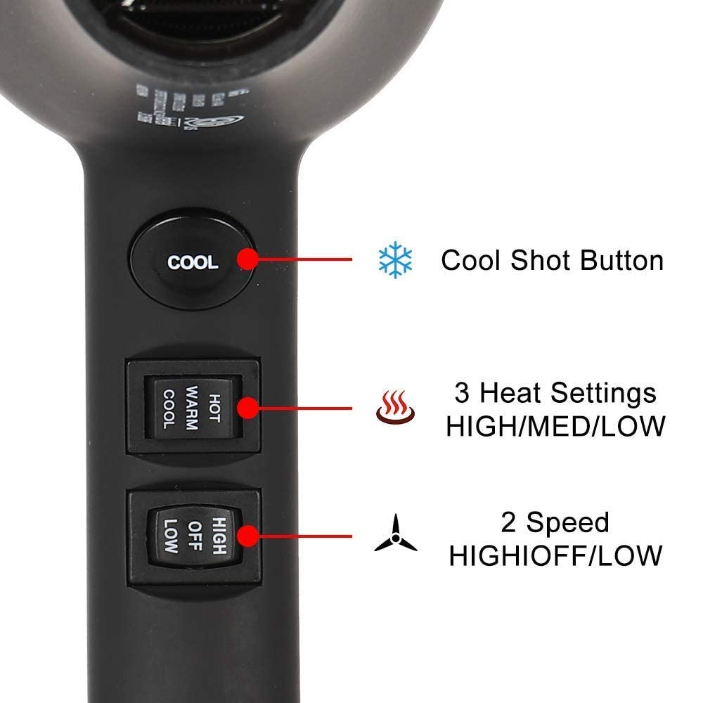 1875W Ionic Hair Dryer with Diffuser, Professional Powerful Fast Dry Blow Dryer with Concentrator Attachments, Adjustable 3 Heat & 2 Speed