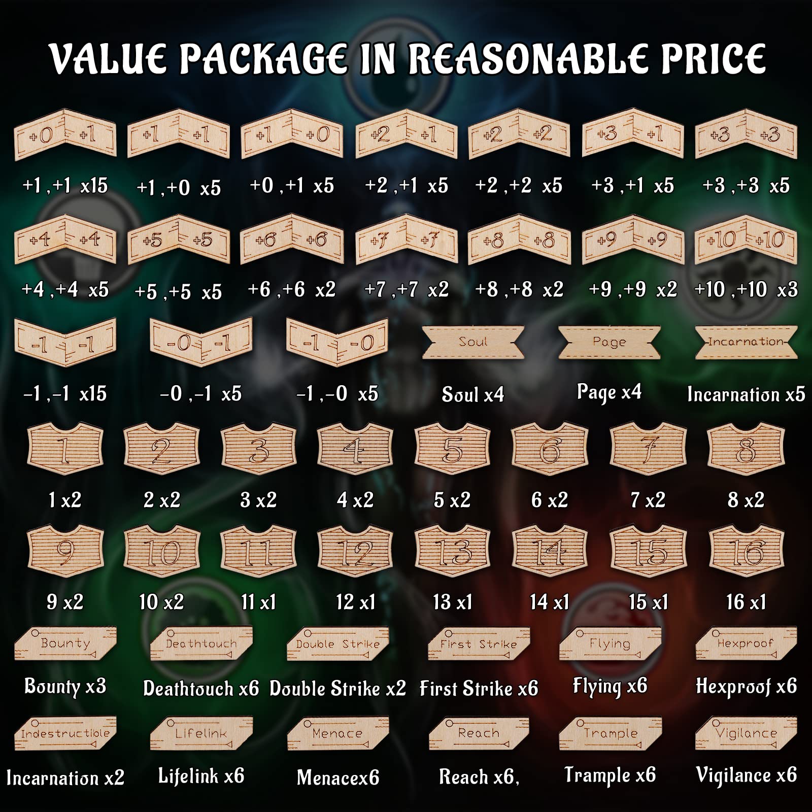 Ability, Loyalty and +1/+1 Counters Set of 194 Wood Keyword, Magic Tokens Compatible with Magic The Gathering, MTG