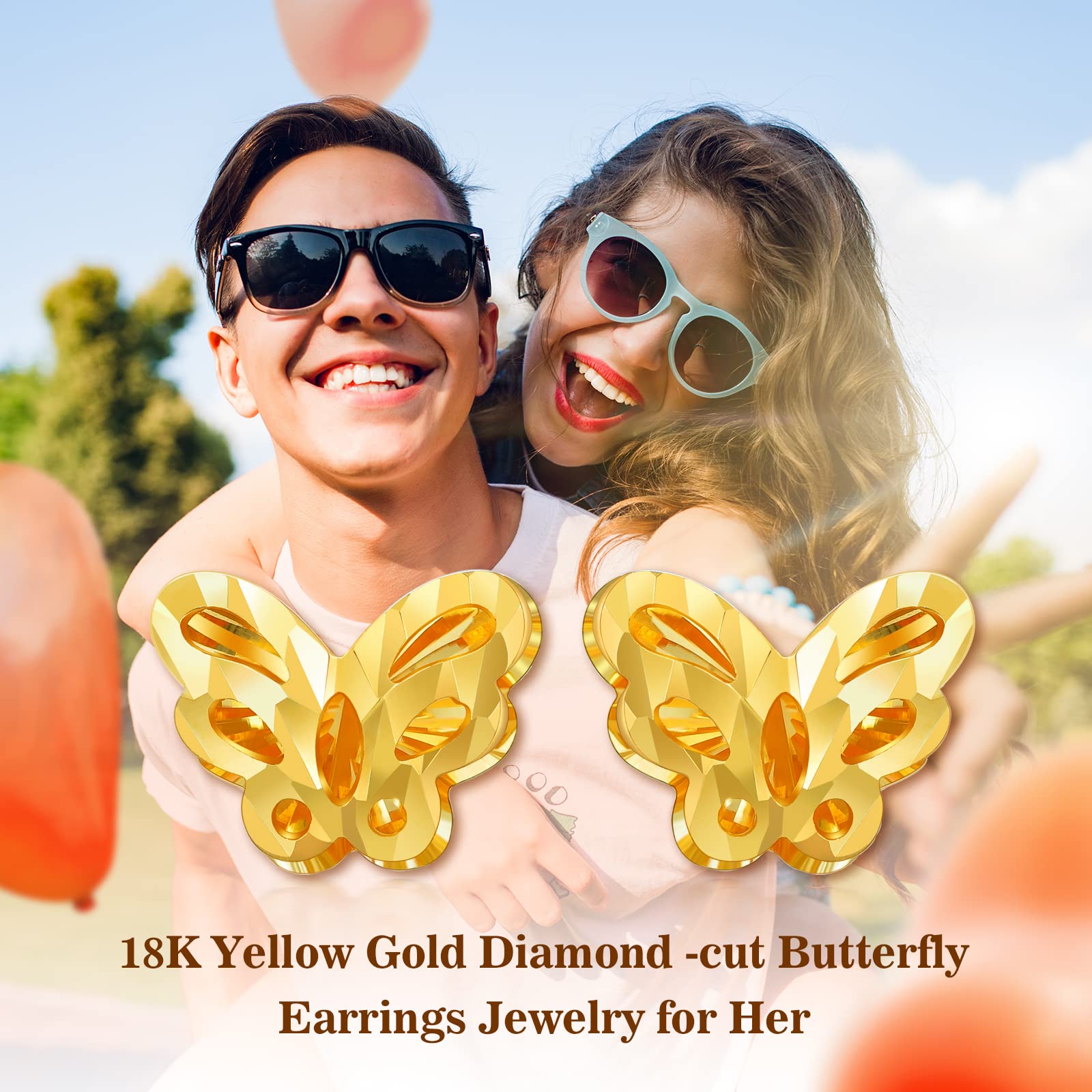 18kt Solid Gold Butterfly Earrings for Women, Delicate Yellow Gold Diamond-cut Butterfly Stud Jewelry Anniversary Present for Her, Wife, Mom, Girlfriend