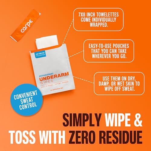 Carpe Antiperspirant Underarm Wipes for Sweat Blocking, Deodorizing, and Cleansing When You’re On the Move - 15 Residue Free, Individually Wrapped Wipes - Clean and Refreshing Scent
