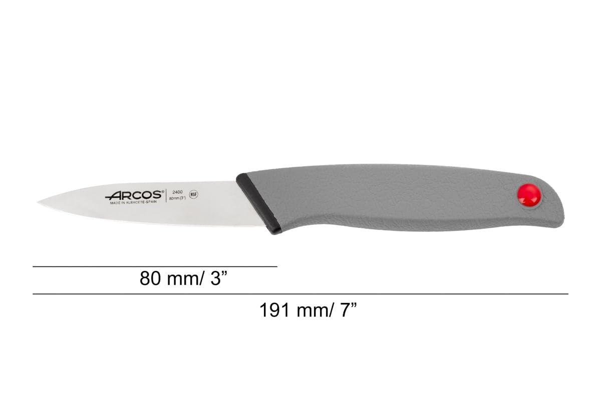 ARCOS Paring Knife 3 Inch Stainless Steel. Professional Kitchen Knife for Cut, Peel and Clean Food. Ergonomic Polyoxymethylene Handle and 80 mm Blade. Series Colour Prof. Color Grey.