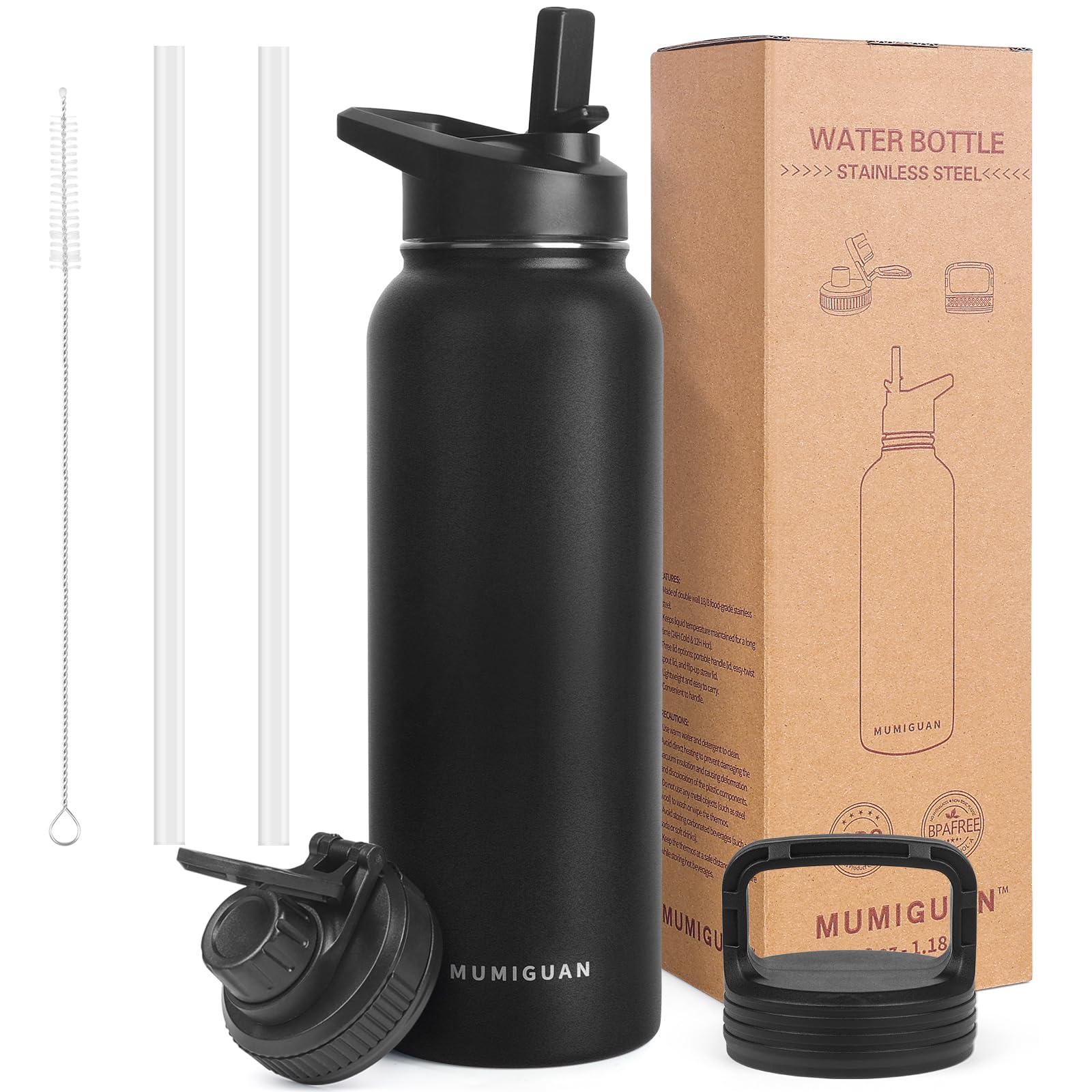 40oz Insulated Water Bottle with 3 Lids(Straw, Hand and Spout Lid), Double Vacuum Stainless Steel Metal Water Flask(BPA-free, CPC) for Sports, Camping, Hiking, Cycling, Fitness and more(Black)