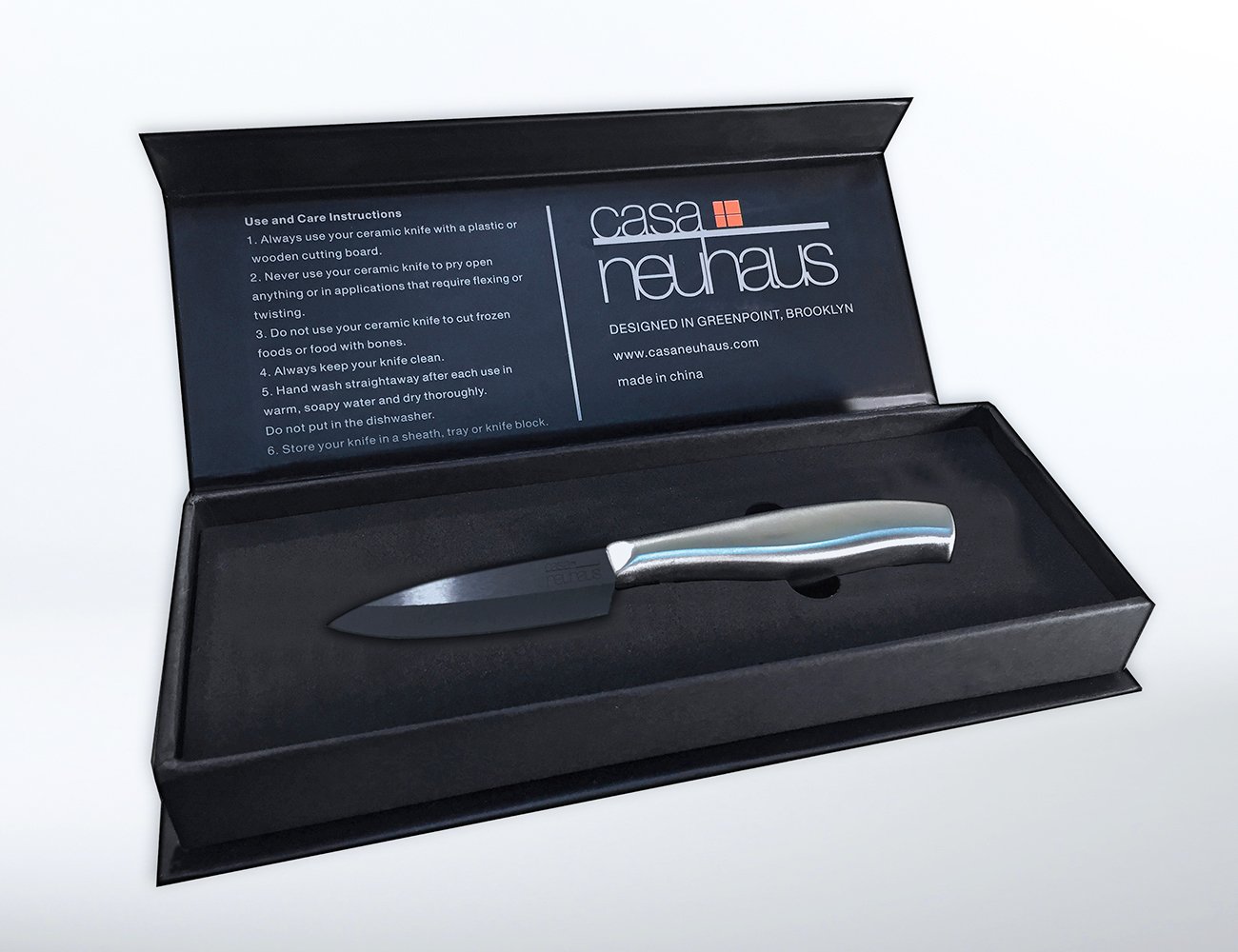 Casa Neuhaus Black Series Utility Set Ceramic Knives - 3 inch Paring Knife & 5 inch Utility Knife - Black Ceramic Blade & Stainless Steel Handle - Includes Knife Sheath and Black Series Gift Box