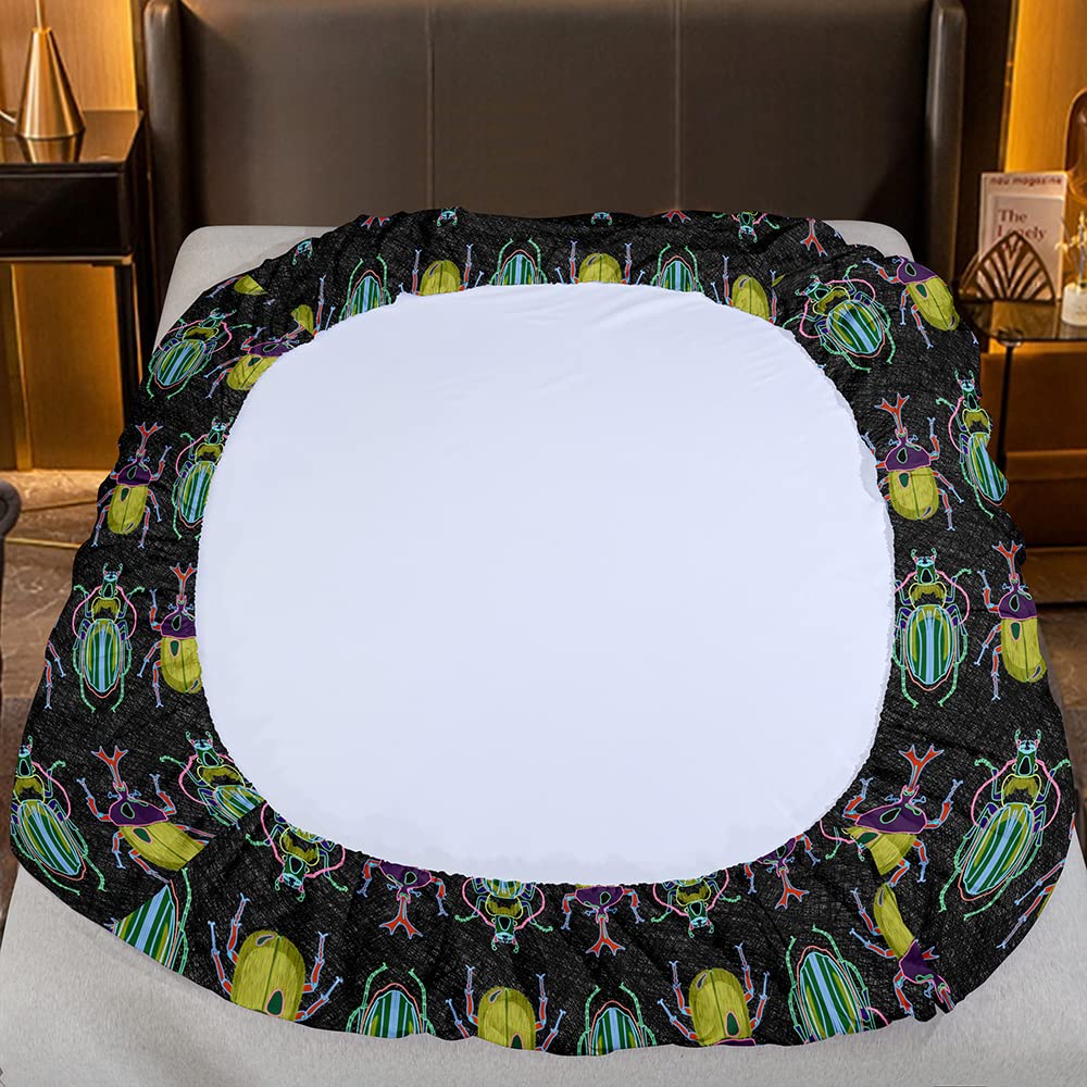 Abosbeet Green Beetle Print Fitted Sheet Queen Polyester Black Fitted Sheet Set with Beetle Pattern 2 Pillowshames Kids Bedroom Decor