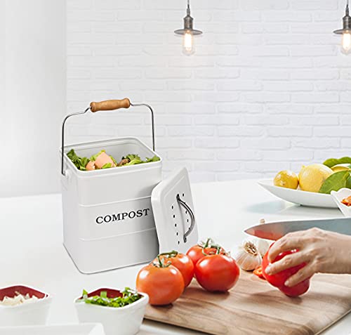 ayacatz Stainless Steel Compost Bin for Kitchen Countertop Compost Bin,1 Gallon, Kitchen Trash Can -Includes Charcoal Filter,Compost Bucket Kitchen Pail Compost with Lid -White