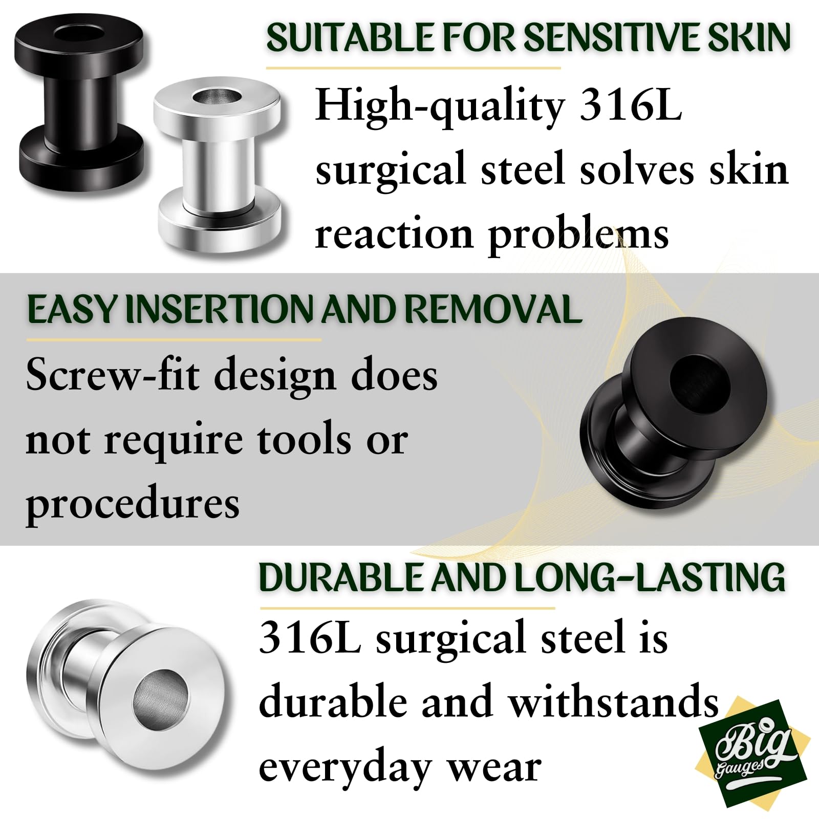 2 Pairs Surgical Steel Gauges 12 mm Screw tunnels Piercing Jewelry Earring Black Anodized Stretcher Plug Tunnel Lobe BG0654
