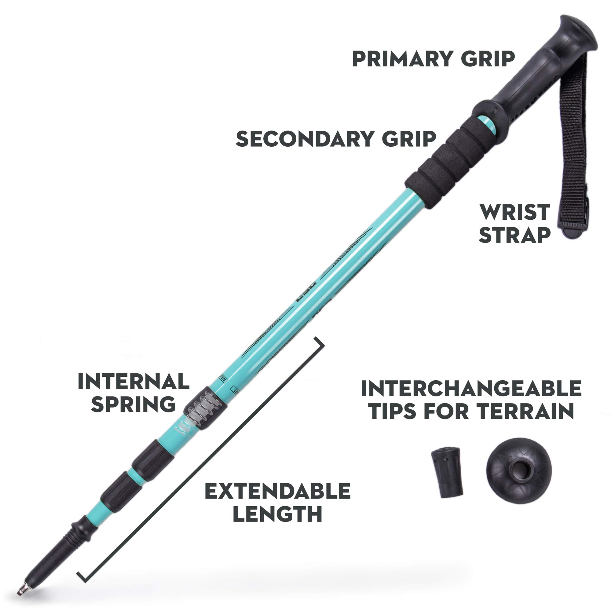 2-Pack Trekking Pole & Women's Walking Staff | Strong Lightweight Aluminum | Telescoping 53" Length Collapses to 23" | All-Terrain: Interchangeable Carbonite Ice Pick Tip, Rubber Tip, Snow Cap (Pink)