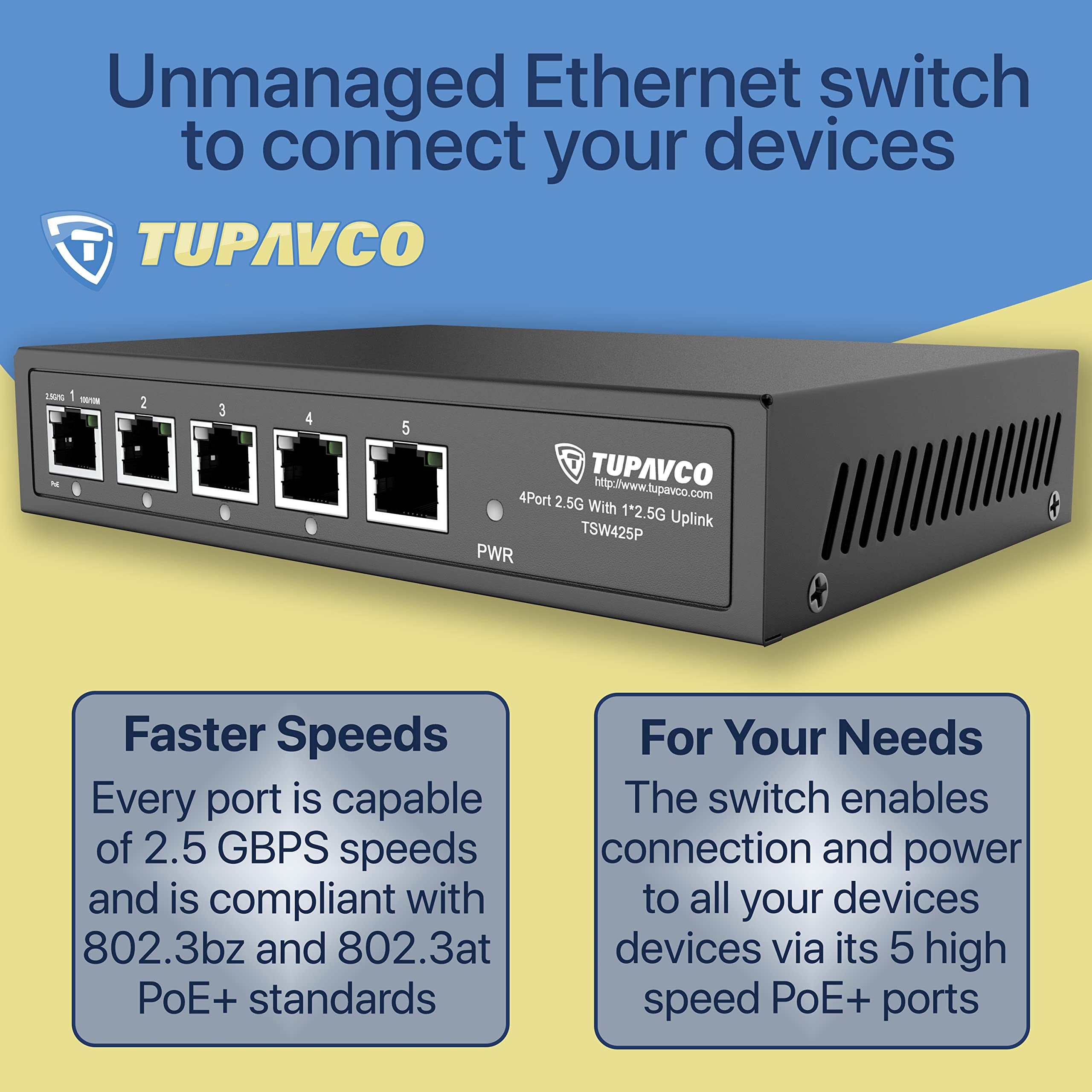 2.5GB Switch (5 Port) for Ethernet Network - High Speed 10M/100M/1G/2.5G Gigabit (802.3bz) - Unmanaged Plug & Play Fanless LAN Splitter - Metal Case - Wall Mountable - Tupavco TP1940