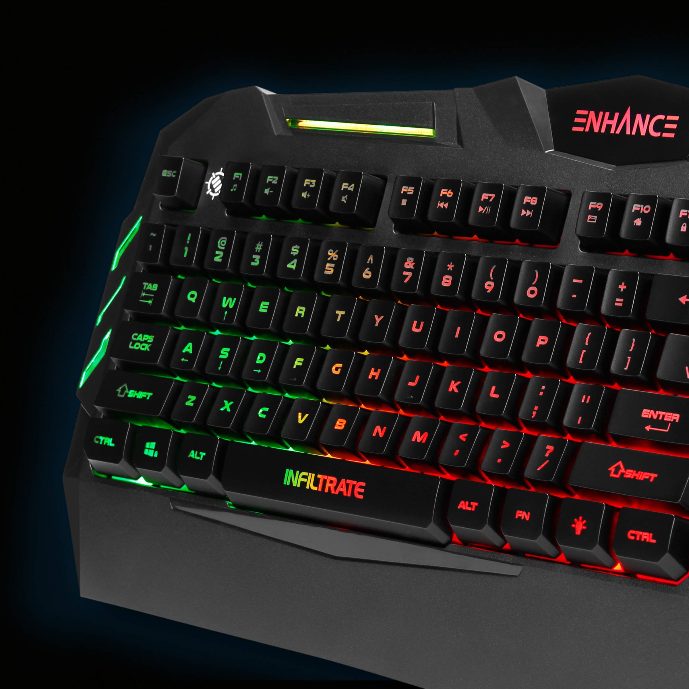 ENHANCE Infiltrate KL1 LED Gaming Keyboard - Multi Color Backlit Keyboard with 2 Lighting Modes, Spill Resistant Design, USB Braided Cable - 19 Key Rollover, Anti-Ghosting, & Multimedia Keys